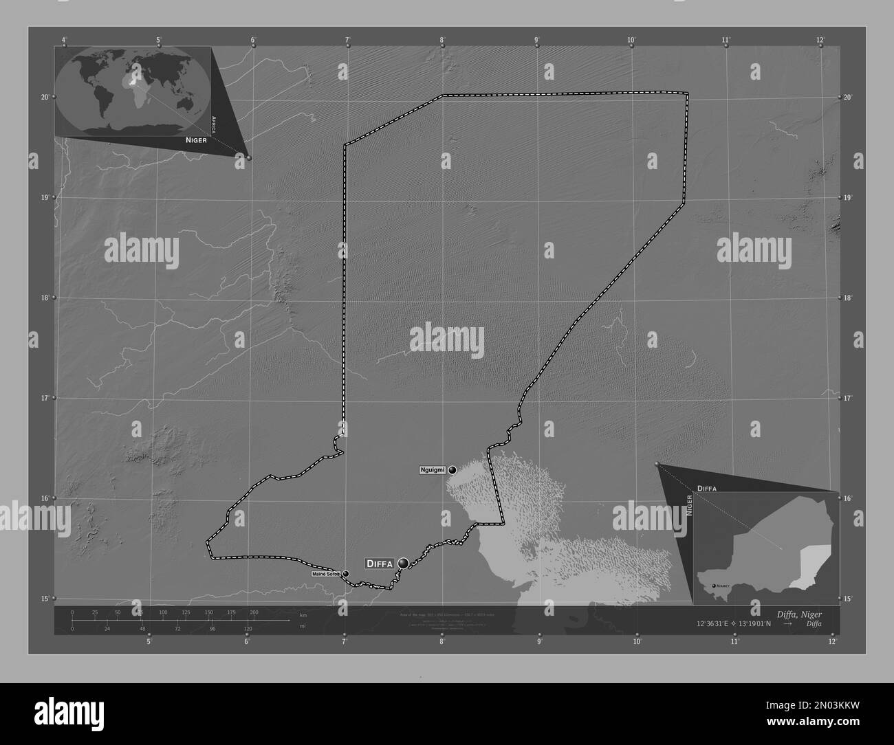 Diffa, department of Niger. Bilevel elevation map with lakes and rivers ...