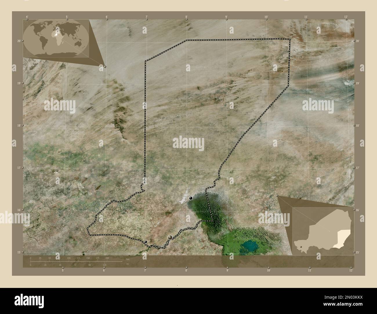 Diffa, department of Niger. High resolution satellite map. Locations of ...