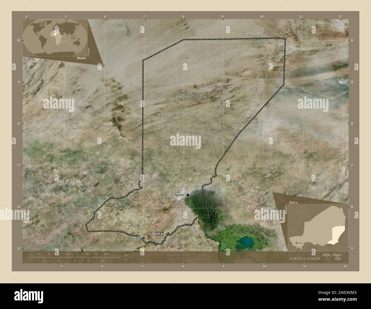 Diffa, department of Niger. High resolution satellite map. Locations ...