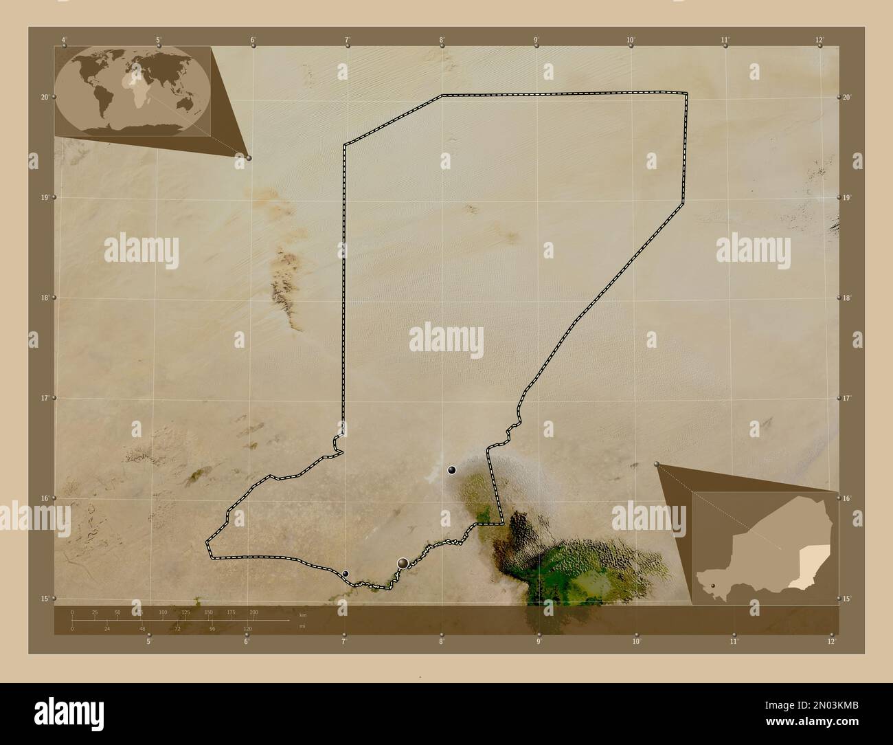 Diffa, department of Niger. Low resolution satellite map. Locations of ...