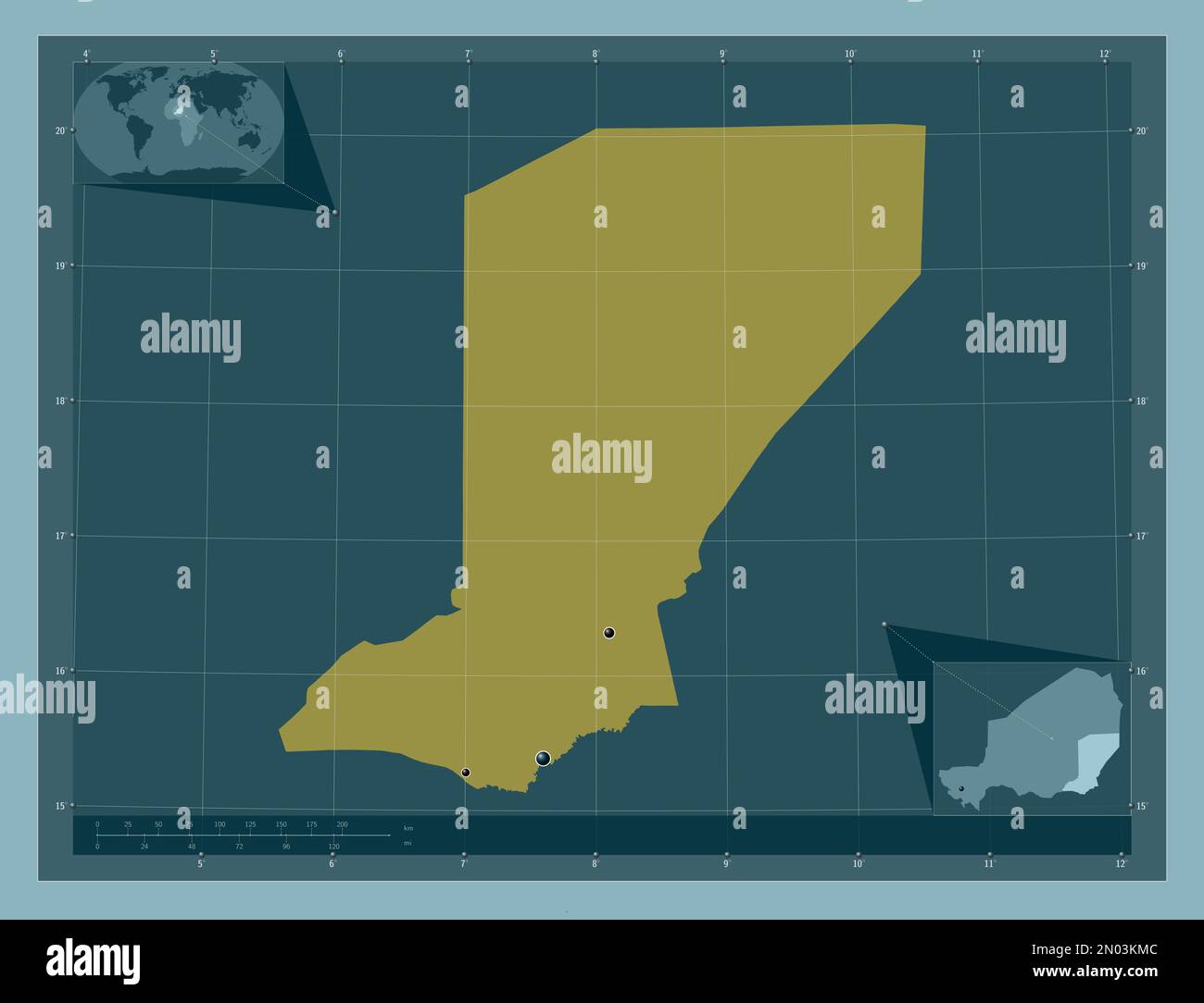 Diffa, department of Niger. Solid color shape. Locations of major ...