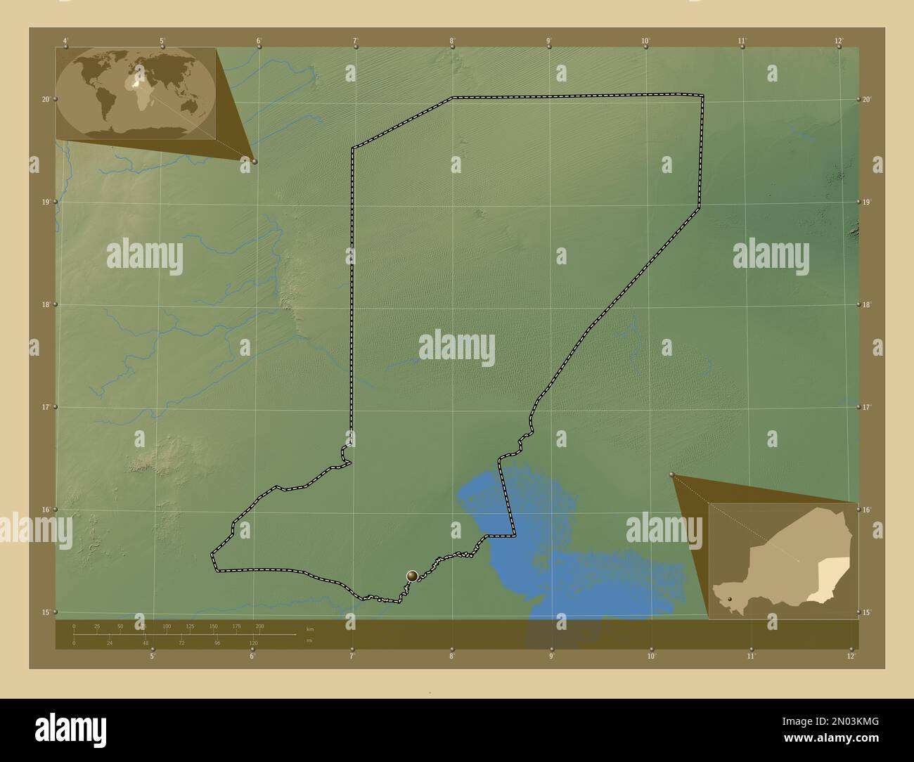 Diffa, department of Niger. Colored elevation map with lakes and rivers ...