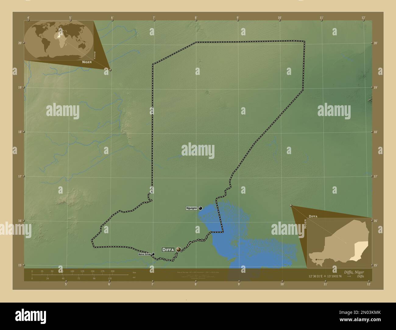 Diffa, department of Niger. Colored elevation map with lakes and rivers ...