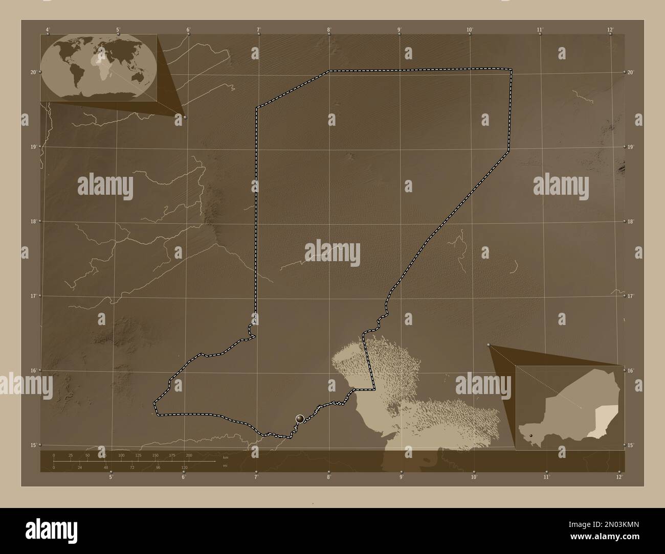 Diffa, department of Niger. Elevation map colored in sepia tones with ...