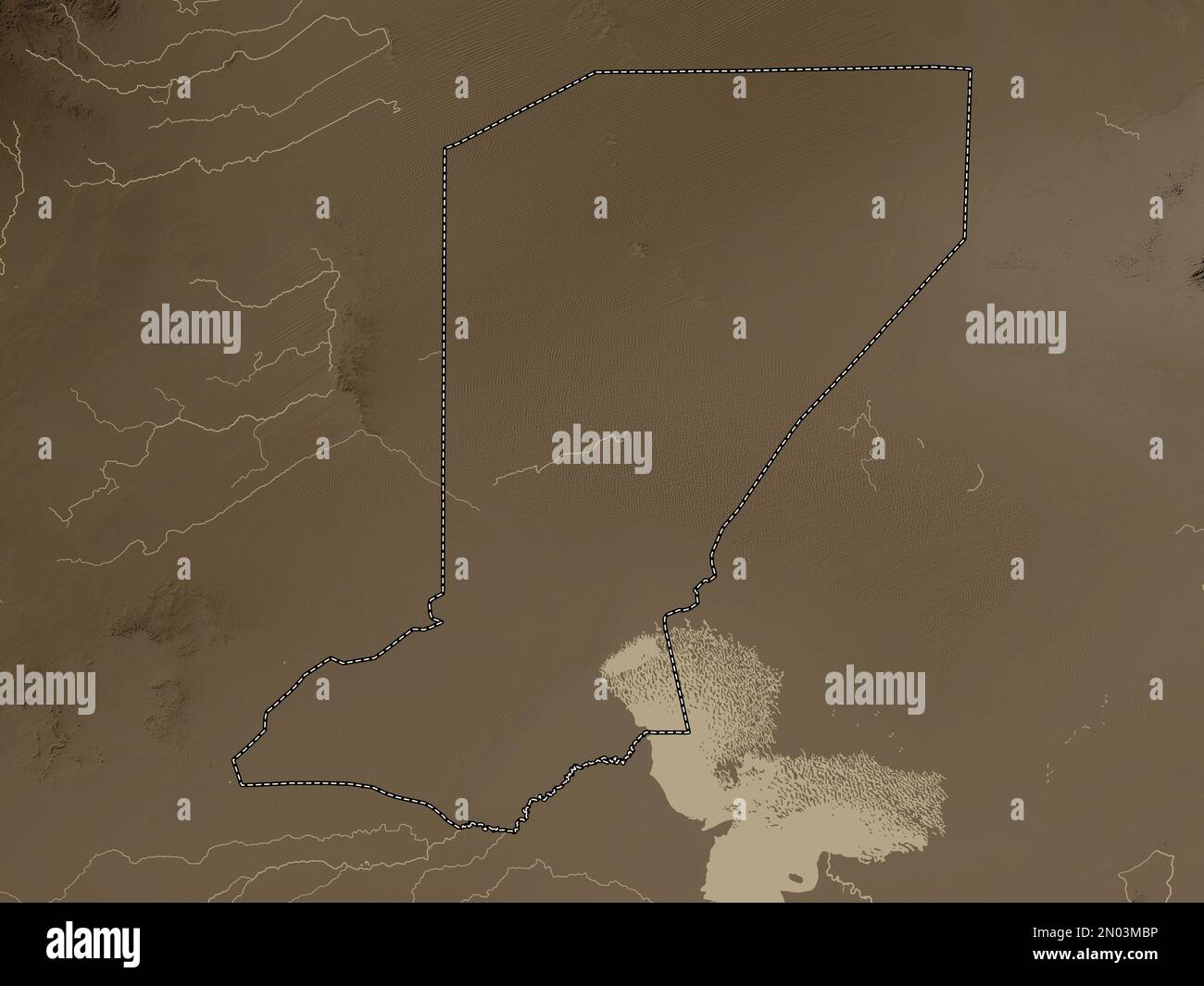 Diffa, department of Niger. Elevation map colored in sepia tones with ...
