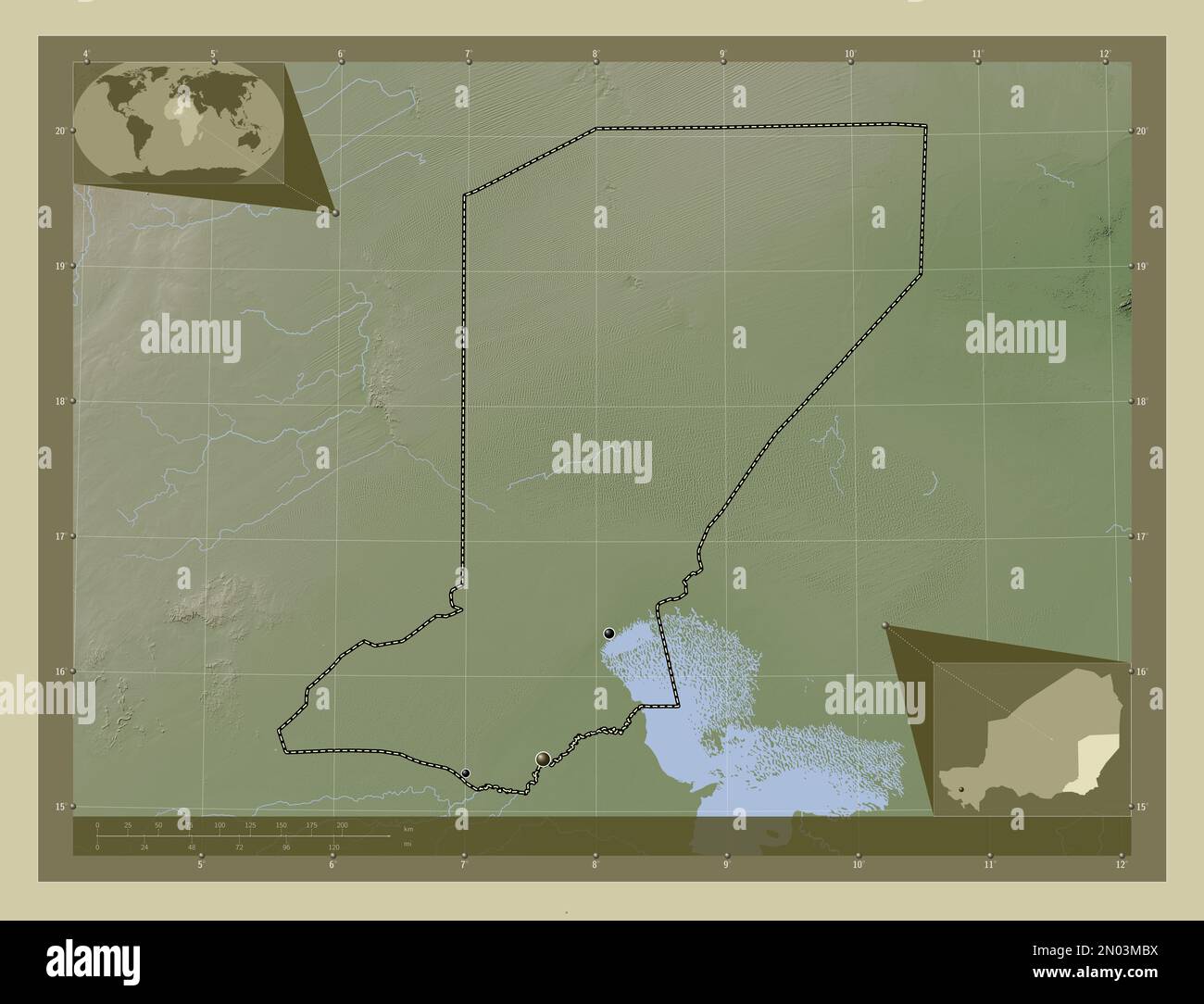Diffa, department of Niger. Elevation map colored in wiki style with ...