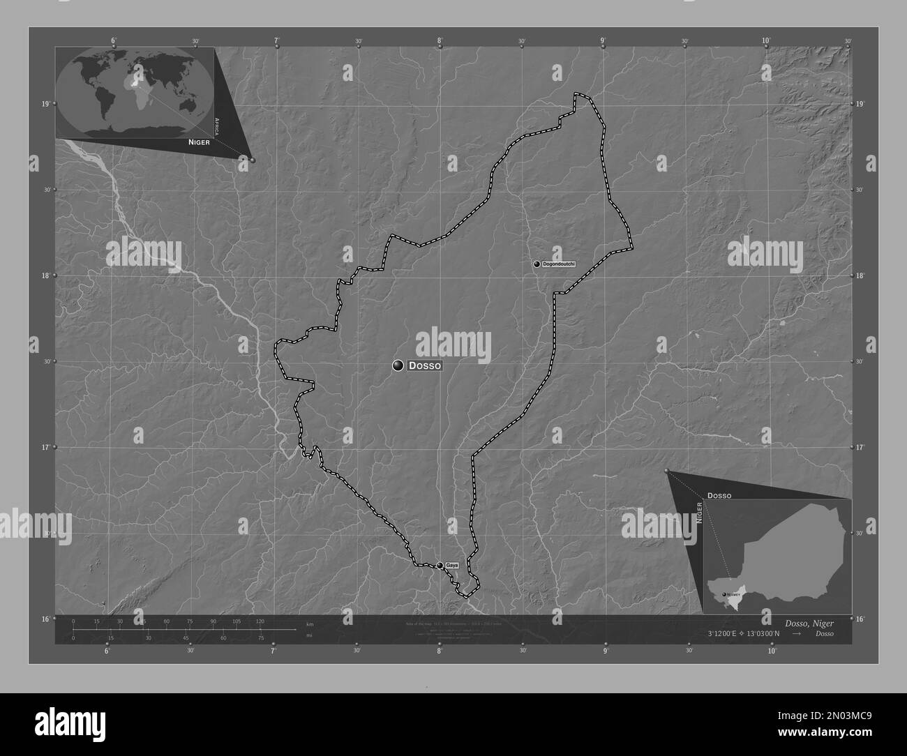 Dosso, department of Niger. Bilevel elevation map with lakes and rivers ...