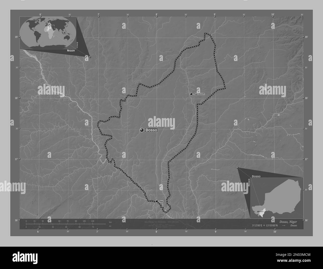 Dosso, department of Niger. Grayscale elevation map with lakes and ...