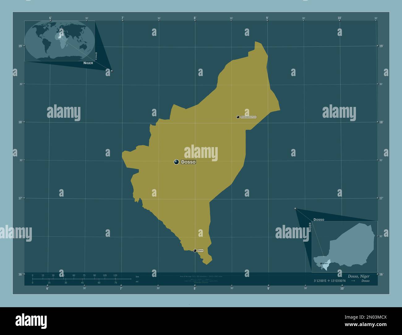 Dosso, department of Niger. Solid color shape. Locations and names of ...
