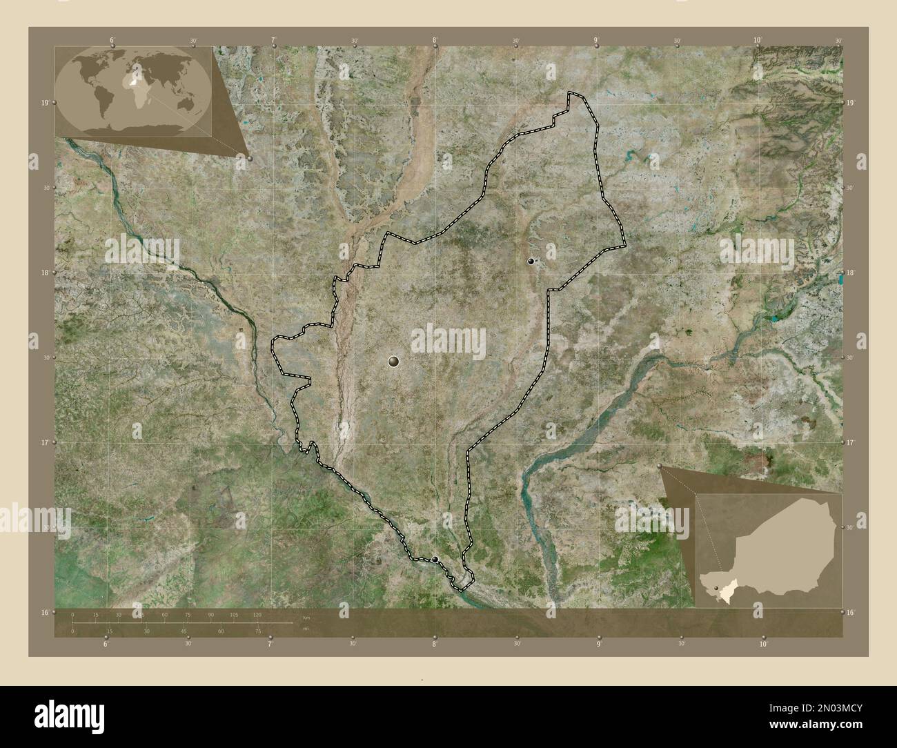 Dosso, department of Niger. High resolution satellite map. Locations of ...