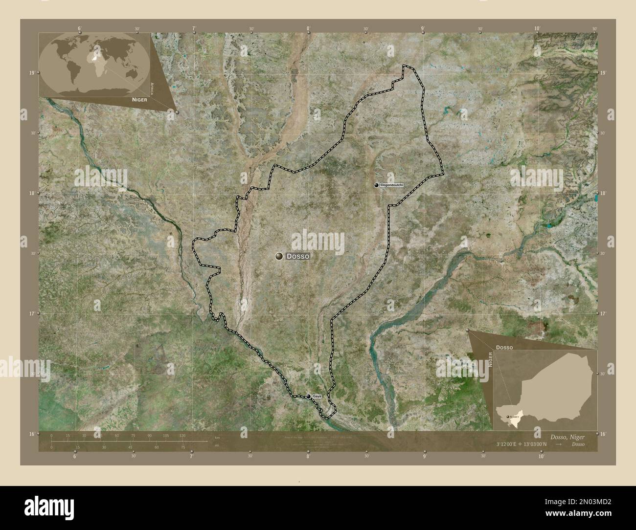 Dosso, department of Niger. High resolution satellite map. Locations ...