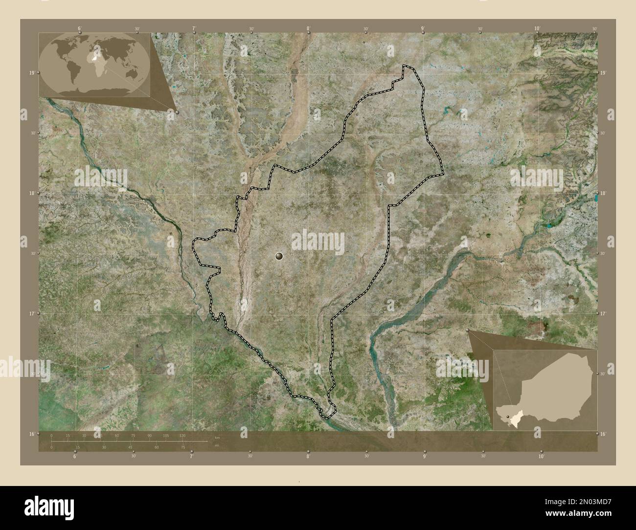 Dosso, department of Niger. High resolution satellite map. Corner ...