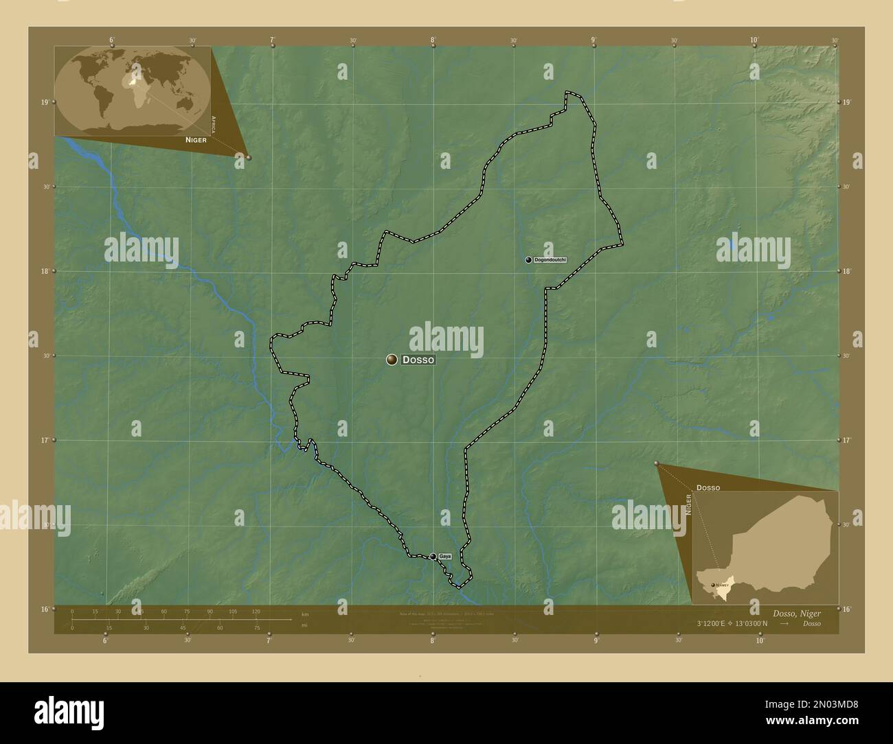 Dosso, department of Niger. Colored elevation map with lakes and rivers ...