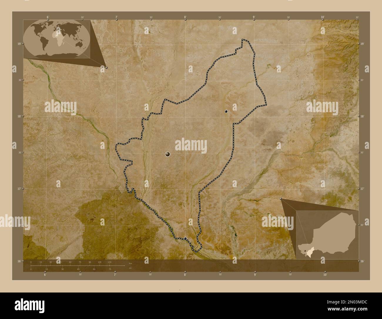 Dosso, department of Niger. Low resolution satellite map. Locations of ...