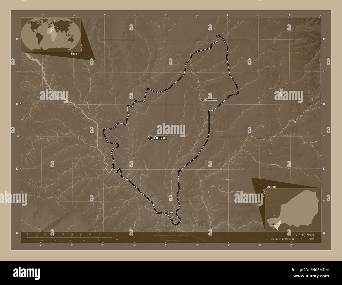 Dosso, department of Niger. Elevation map colored in sepia tones with ...