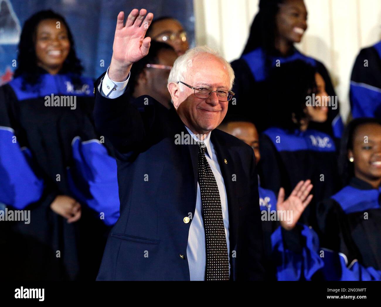 Democratic presidential candidate, Sen. Bernie Sanders, I-Vt., waves to ...