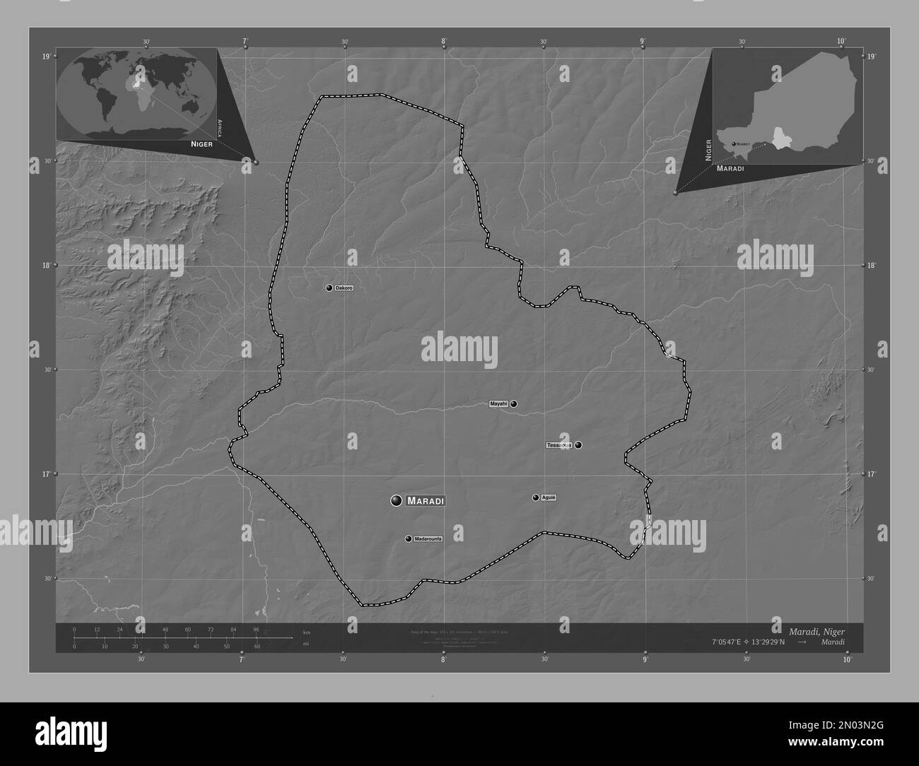 Maradi, department of Niger. Bilevel elevation map with lakes and ...