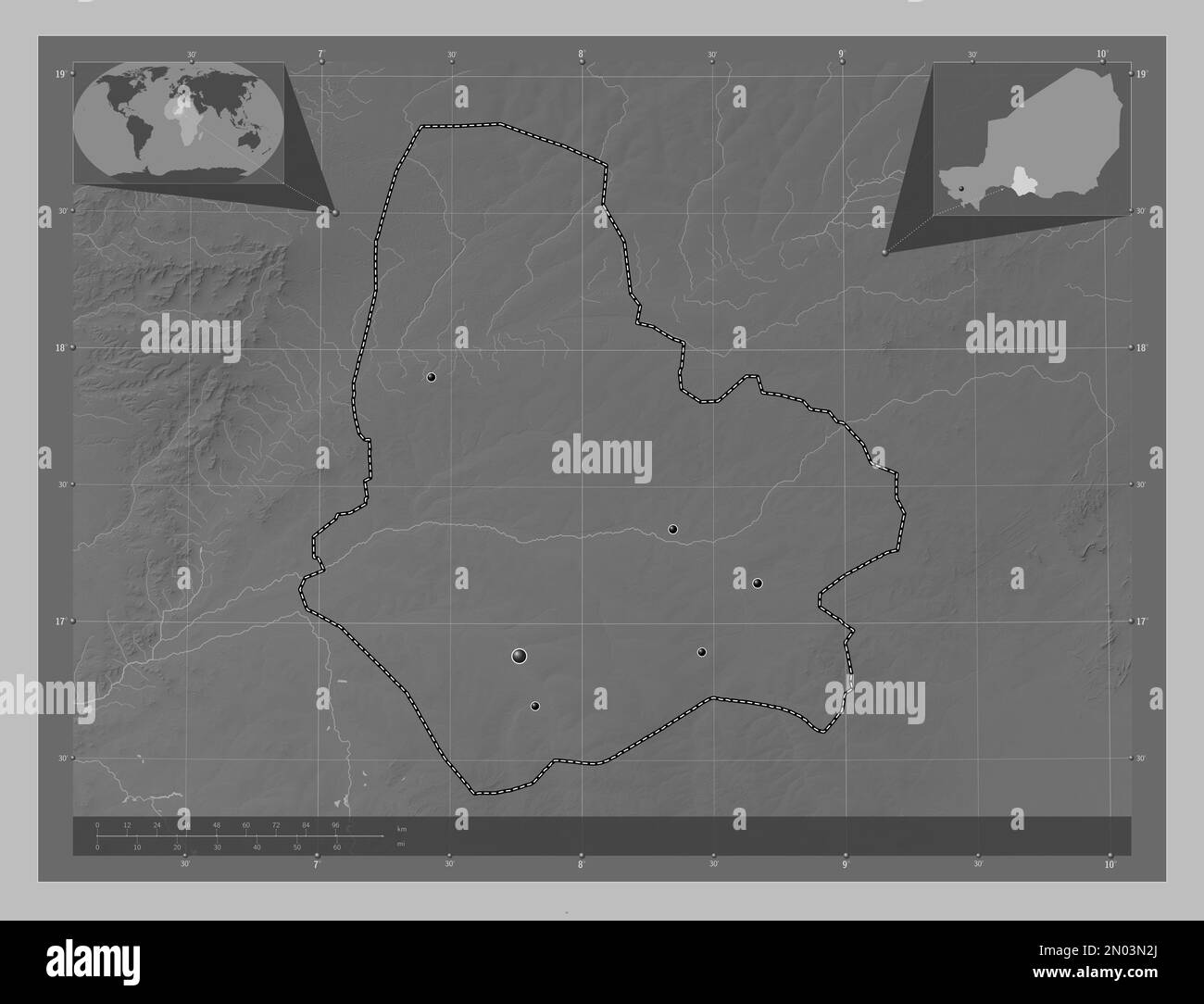 Maradi, department of Niger. Grayscale elevation map with lakes and ...