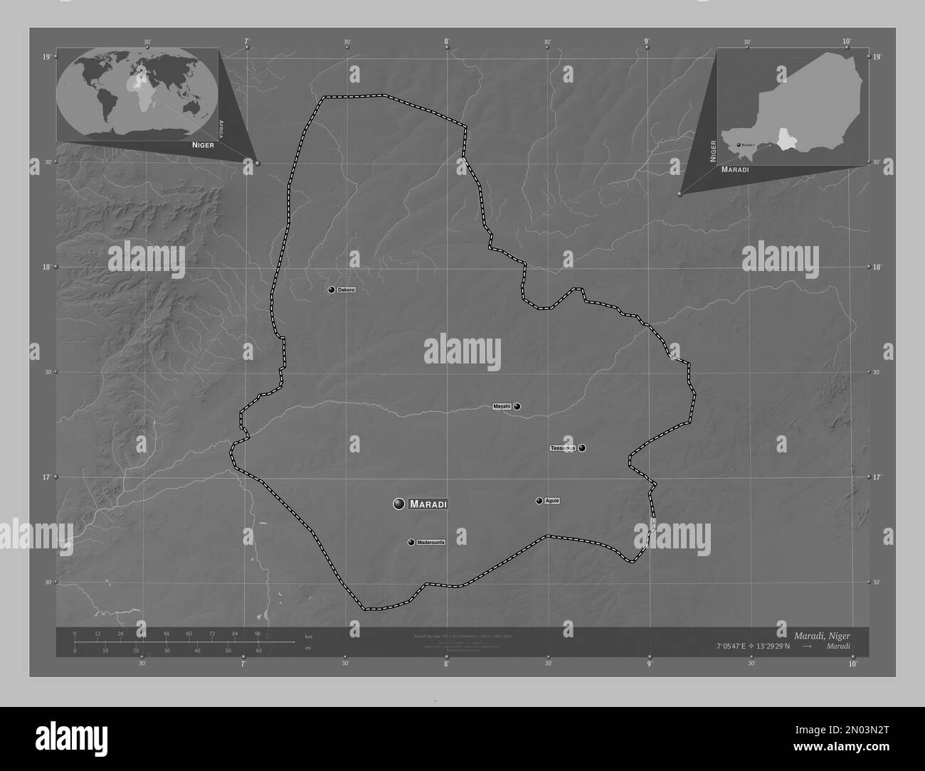 Maradi, department of Niger. Grayscale elevation map with lakes and ...
