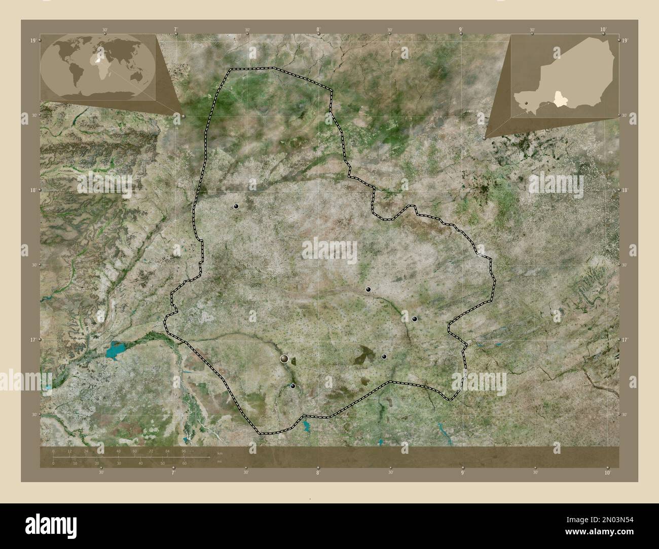 Maradi, department of Niger. High resolution satellite map. Locations ...