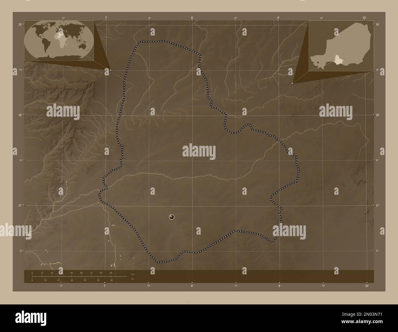 Maradi, department of Niger. Elevation map colored in sepia tones with ...