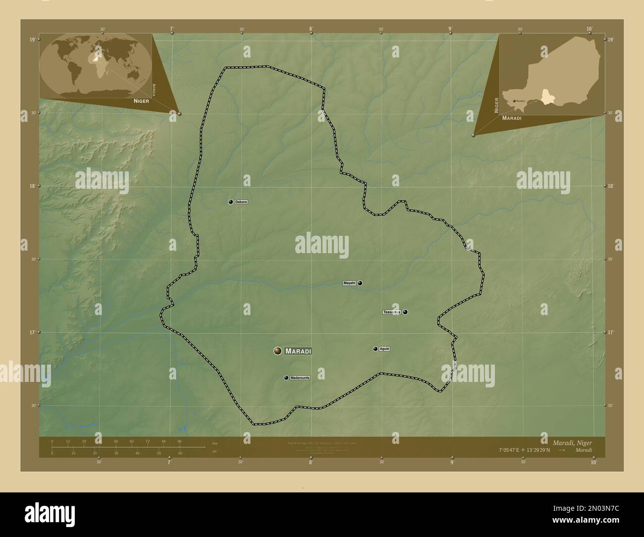 Maradi, department of Niger. Colored elevation map with lakes and ...