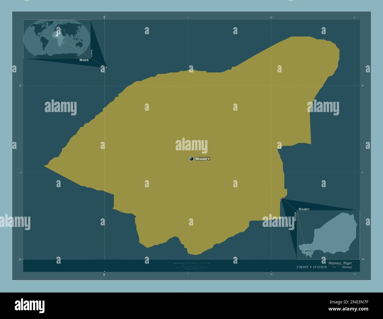 Niamey, capital district of Niger. Solid color shape. Locations and ...