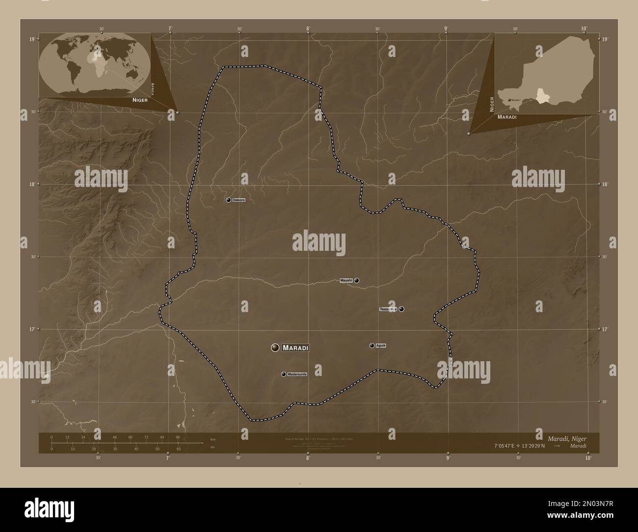 Maradi, department of Niger. Elevation map colored in sepia tones with ...