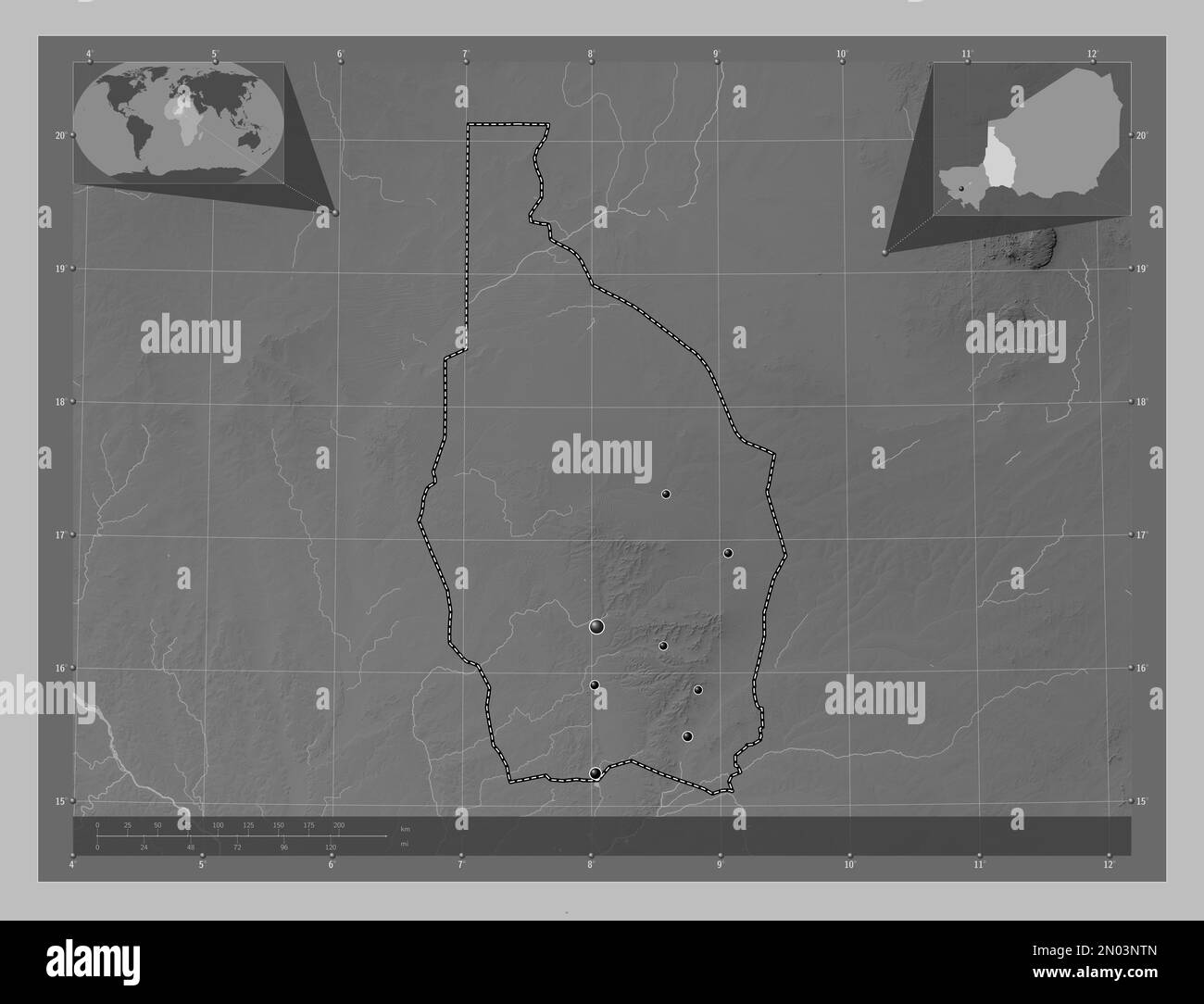 Tahoua, department of Niger. Grayscale elevation map with lakes and ...