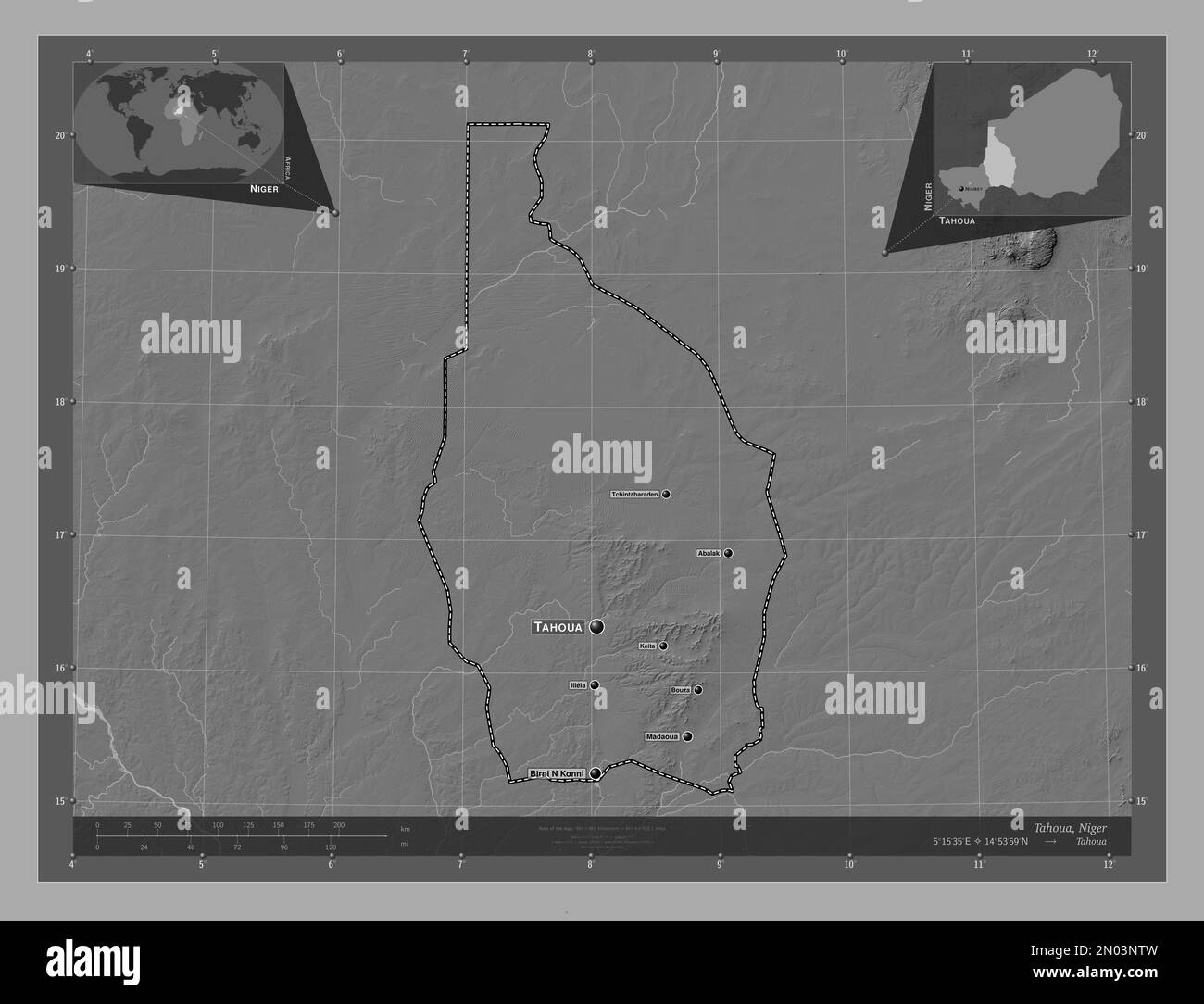 Tahoua, department of Niger. Bilevel elevation map with lakes and ...