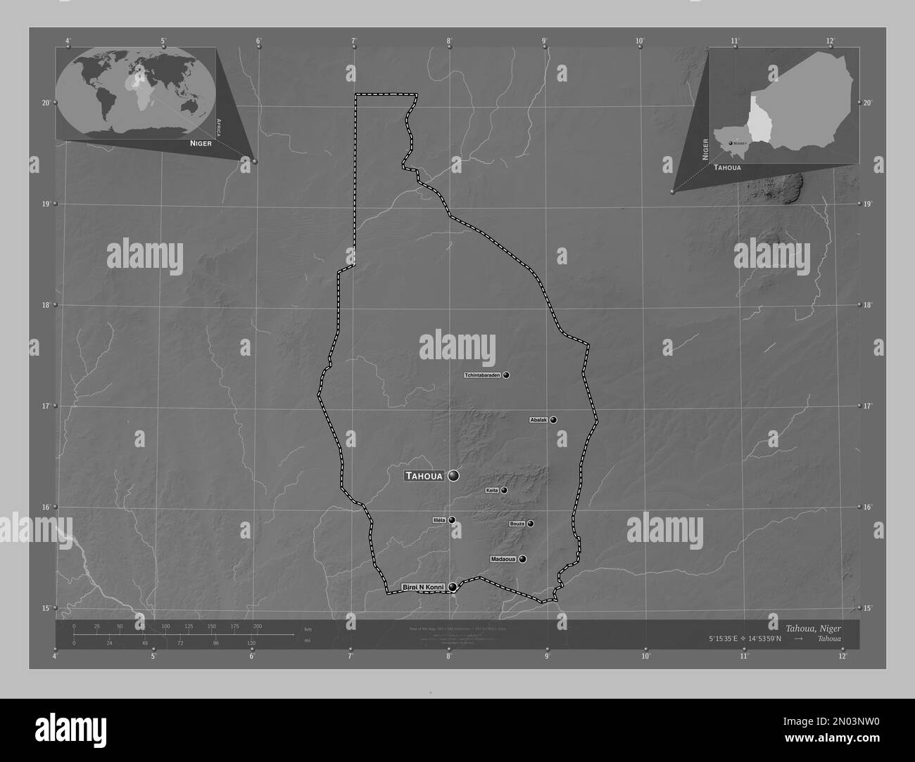 Tahoua, department of Niger. Grayscale elevation map with lakes and ...