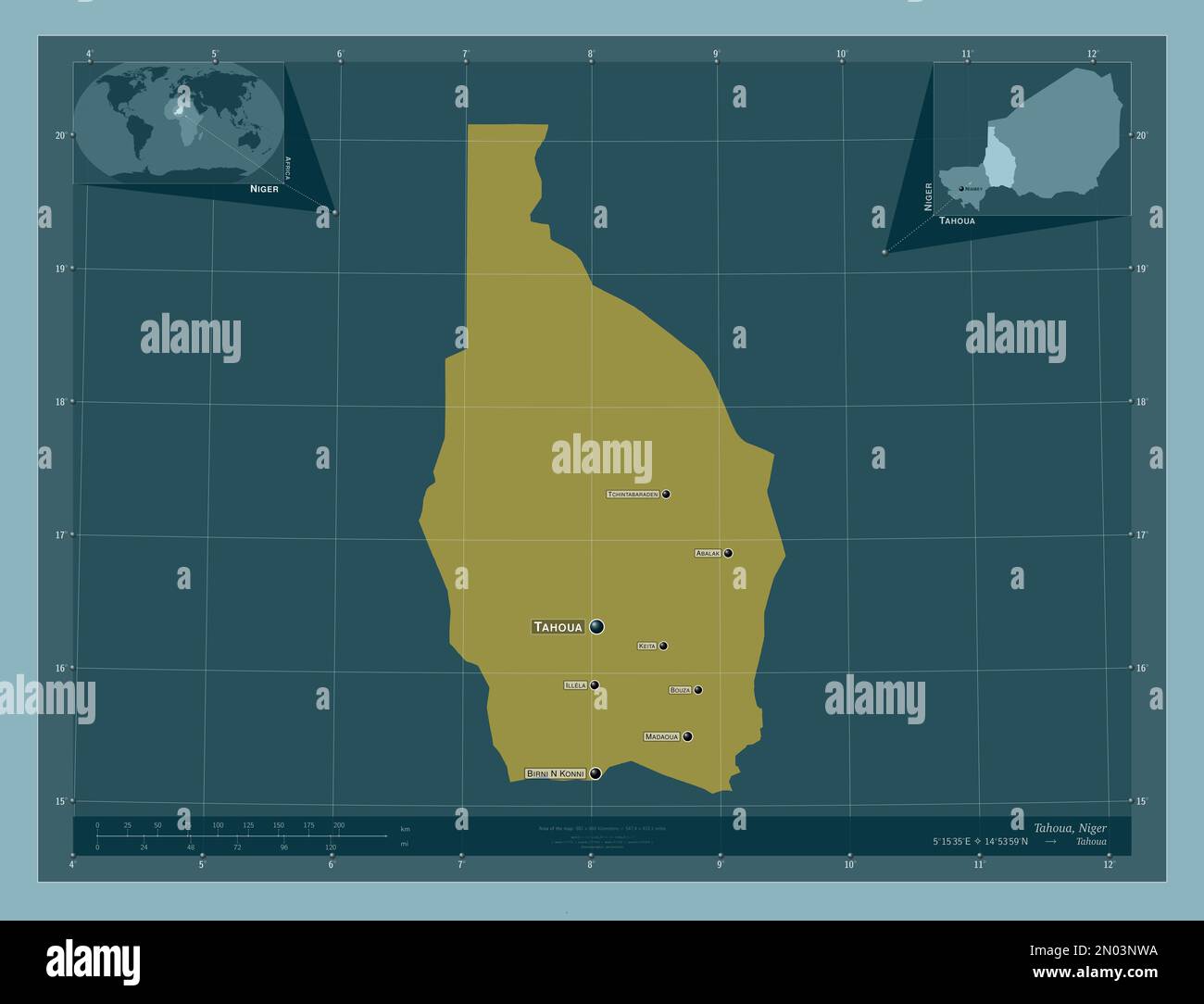 Tahoua, department of Niger. Solid color shape. Locations and names of ...