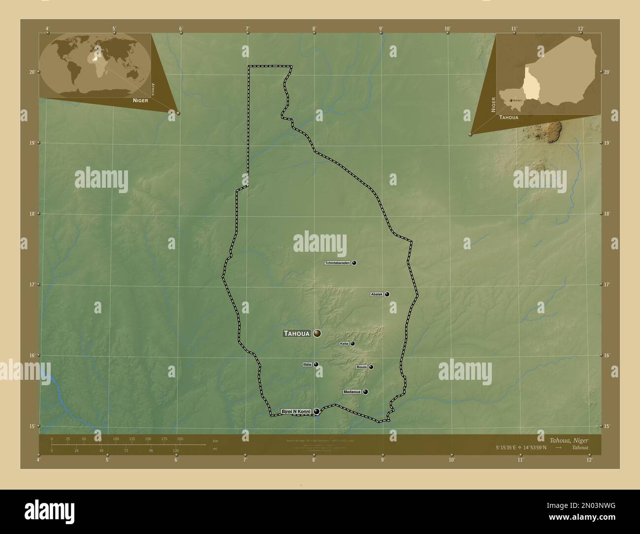 Tahoua, department of Niger. Colored elevation map with lakes and ...