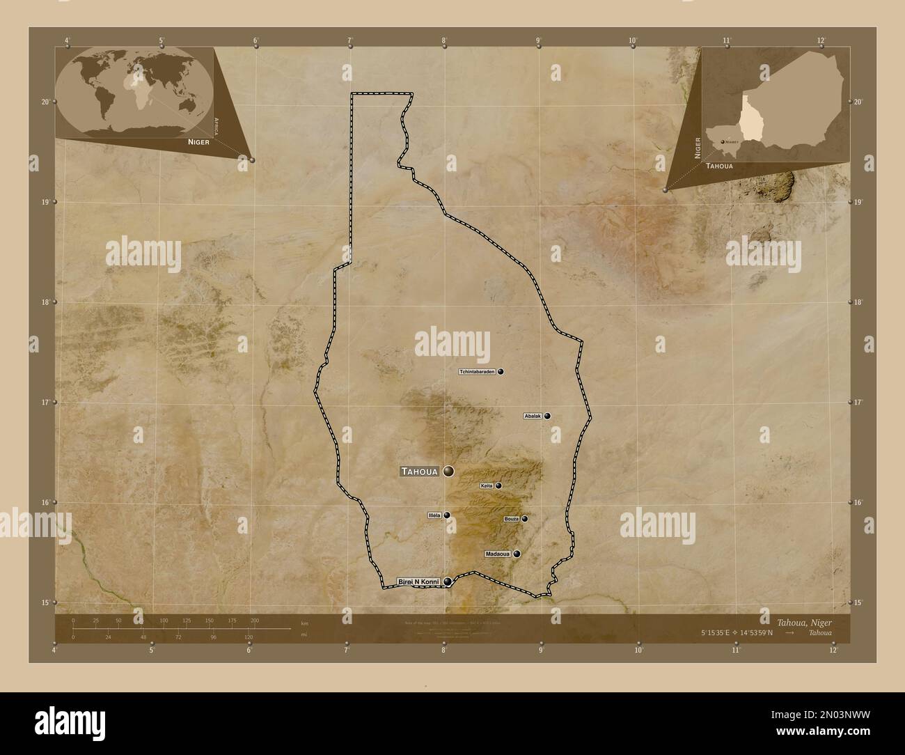 Tahoua, department of Niger. Low resolution satellite map. Locations ...