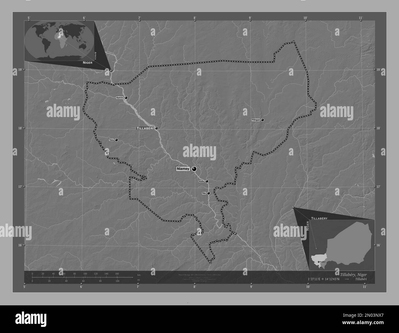 Tillabery, department of Niger. Bilevel elevation map with lakes and ...