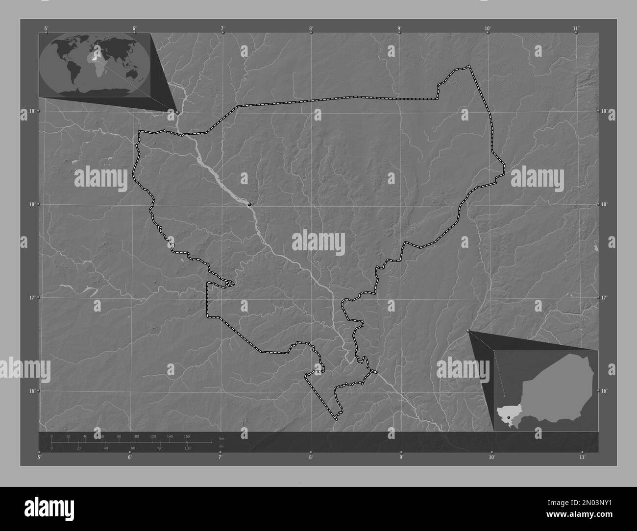 Tillabery, department of Niger. Bilevel elevation map with lakes and ...