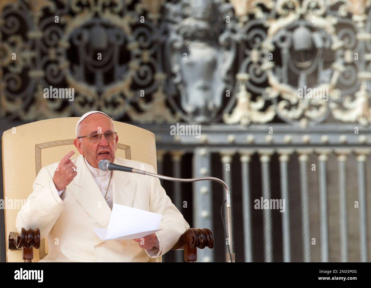 Pope Francis delivers his message during an audience on the occasion of ...