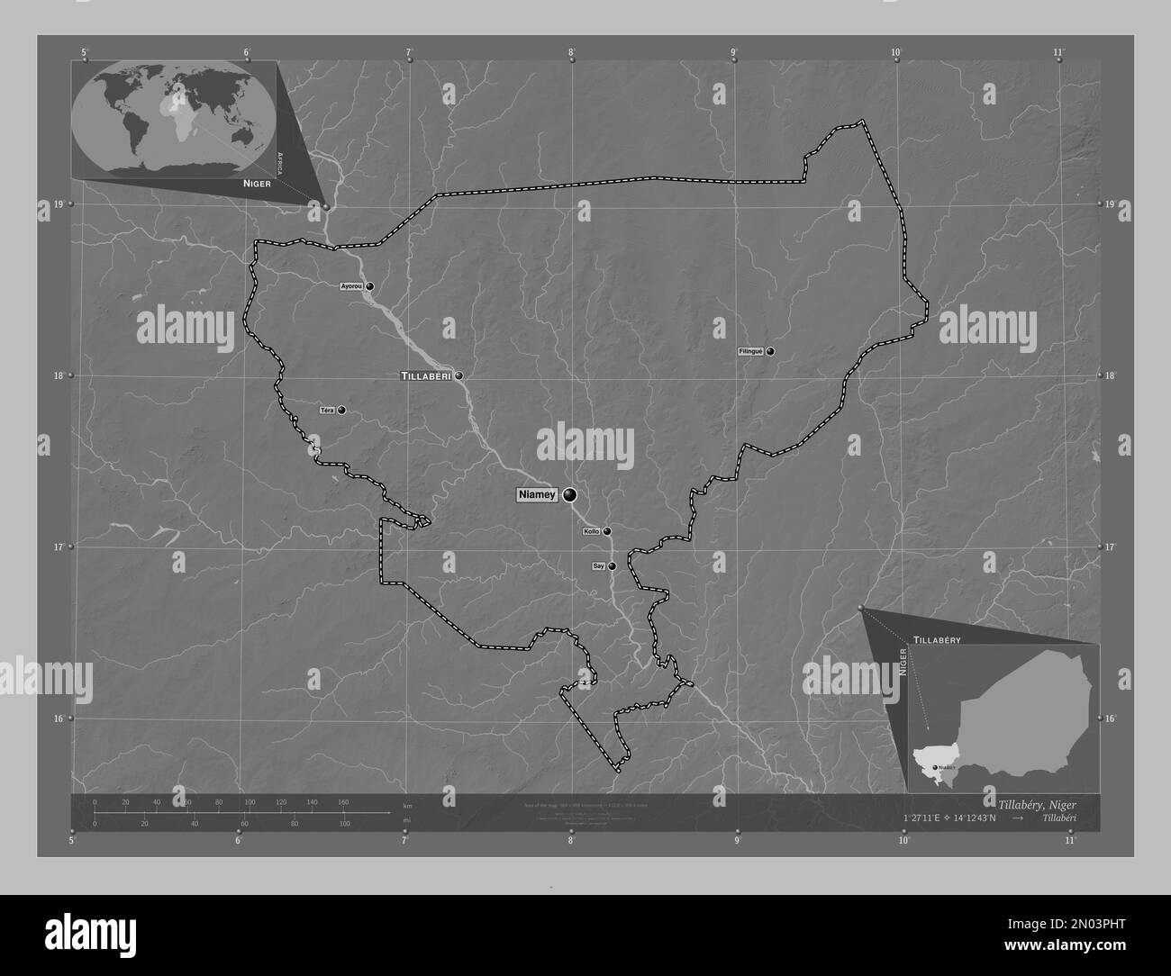 Tillabery, department of Niger. Grayscale elevation map with lakes and ...