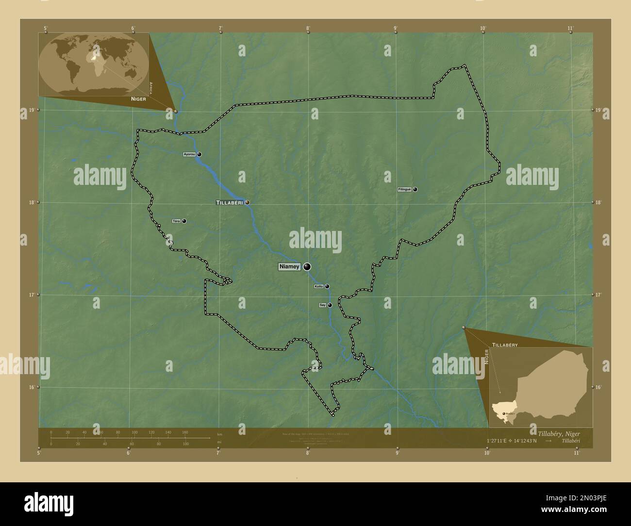 Tillabery, department of Niger. Colored elevation map with lakes and ...