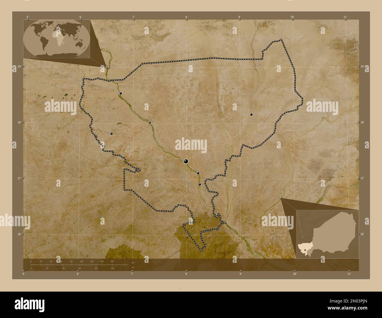 Tillabery, department of Niger. Low resolution satellite map. Locations ...