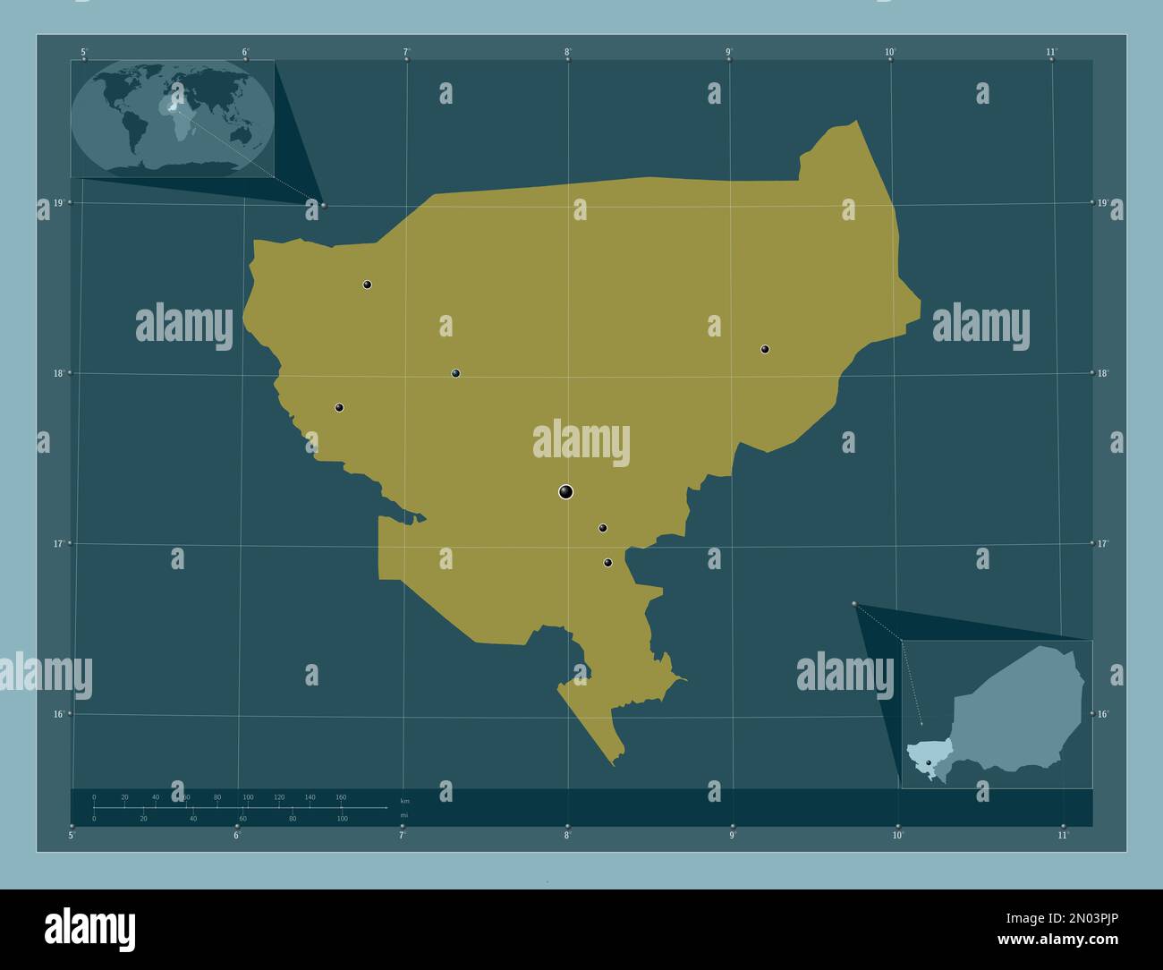 Tillabery, department of Niger. Solid color shape. Locations of major ...