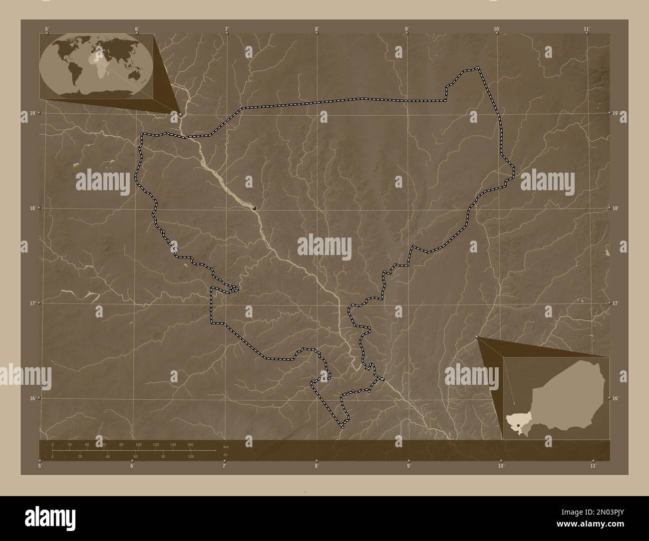 Tillabery, department of Niger. Elevation map colored in sepia tones ...