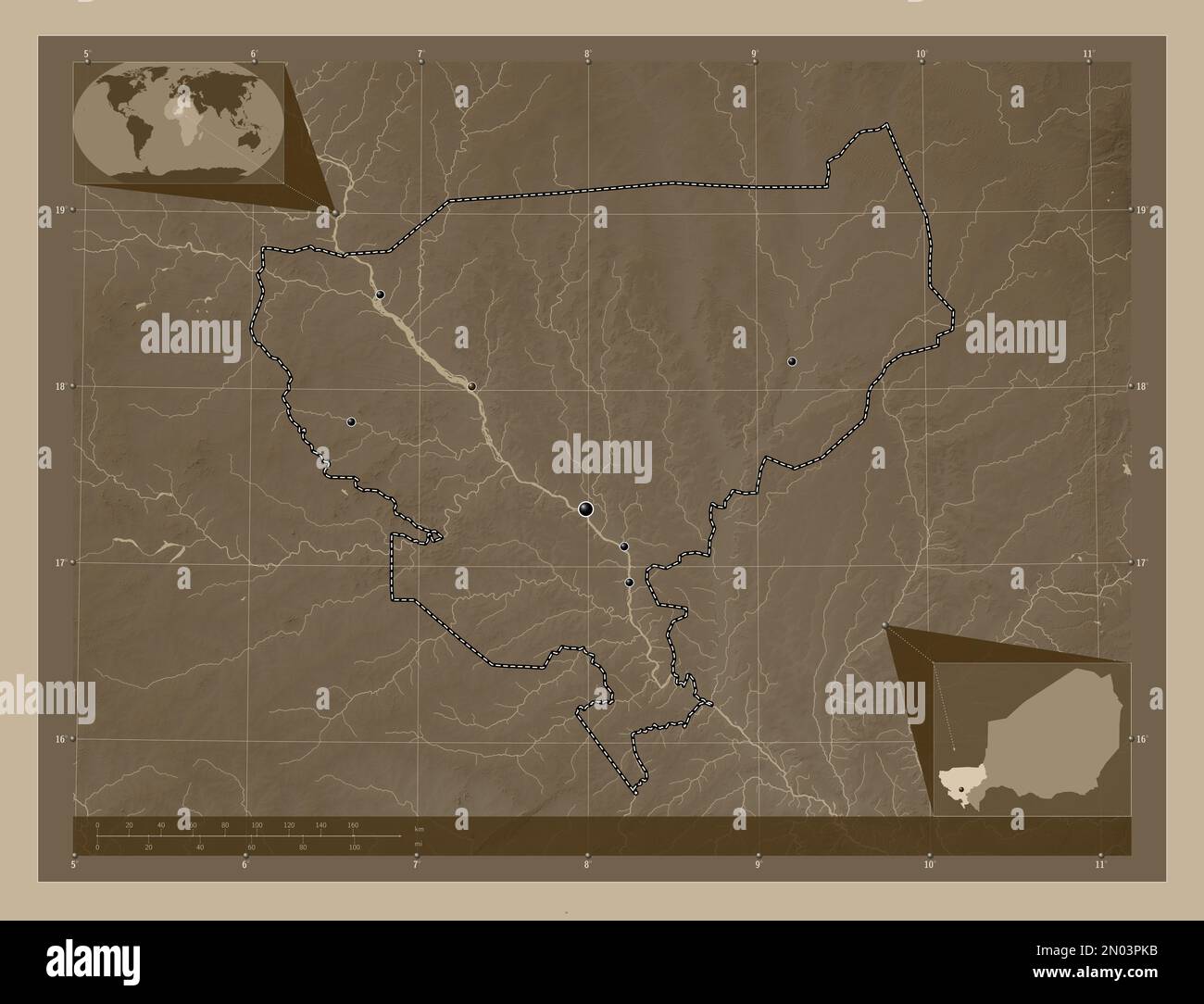 Tillabery, department of Niger. Elevation map colored in sepia tones ...