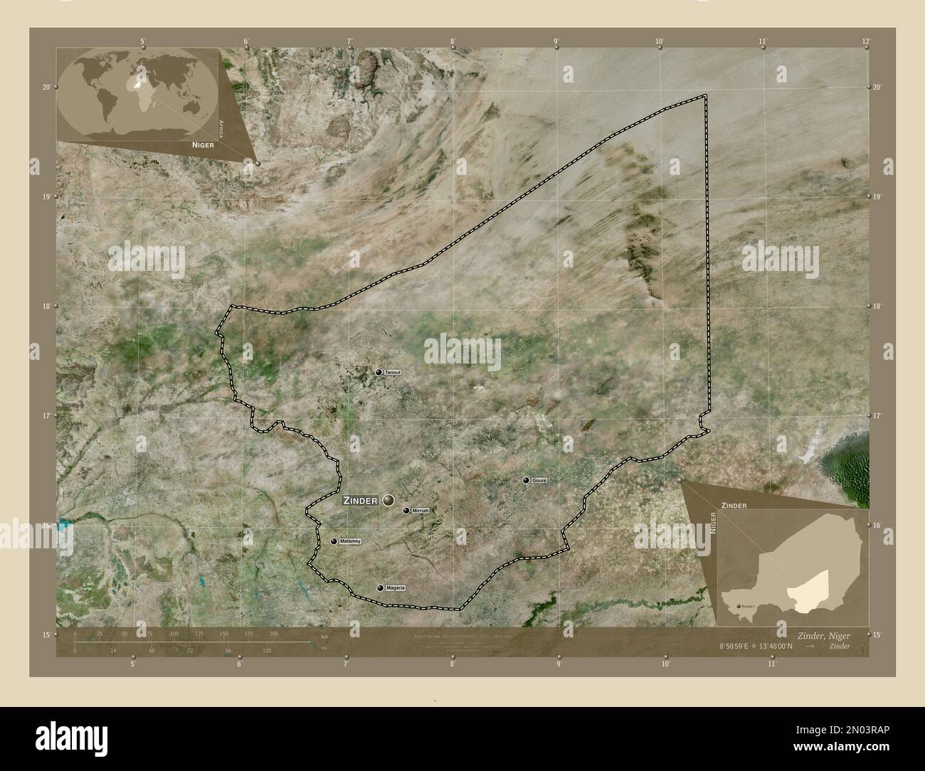 Zinder, department of Niger. High resolution satellite map. Locations ...