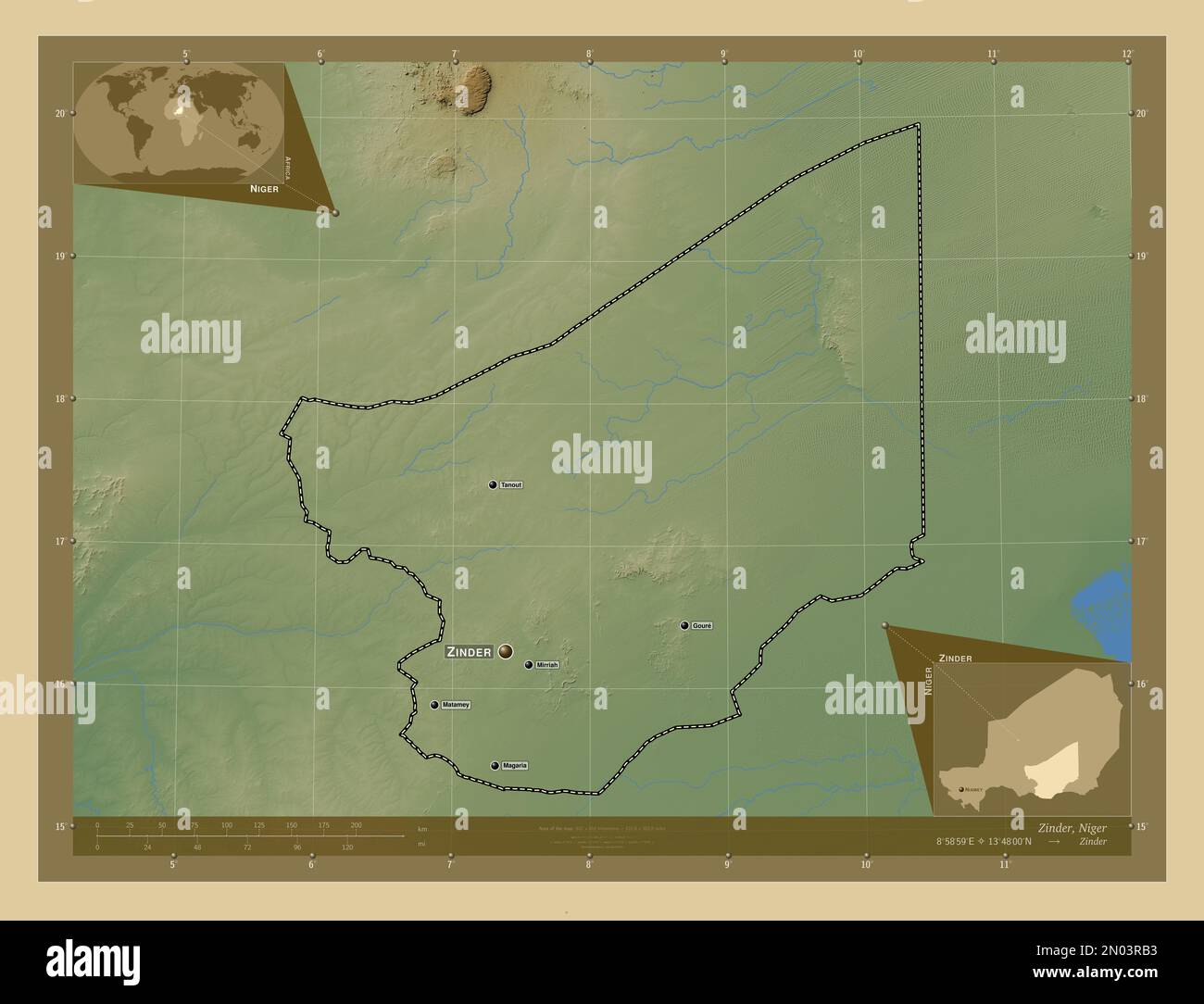 Zinder, department of Niger. Colored elevation map with lakes and ...