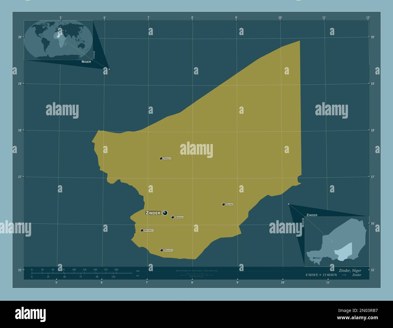 Zinder, department of Niger. Solid color shape. Locations and names of ...