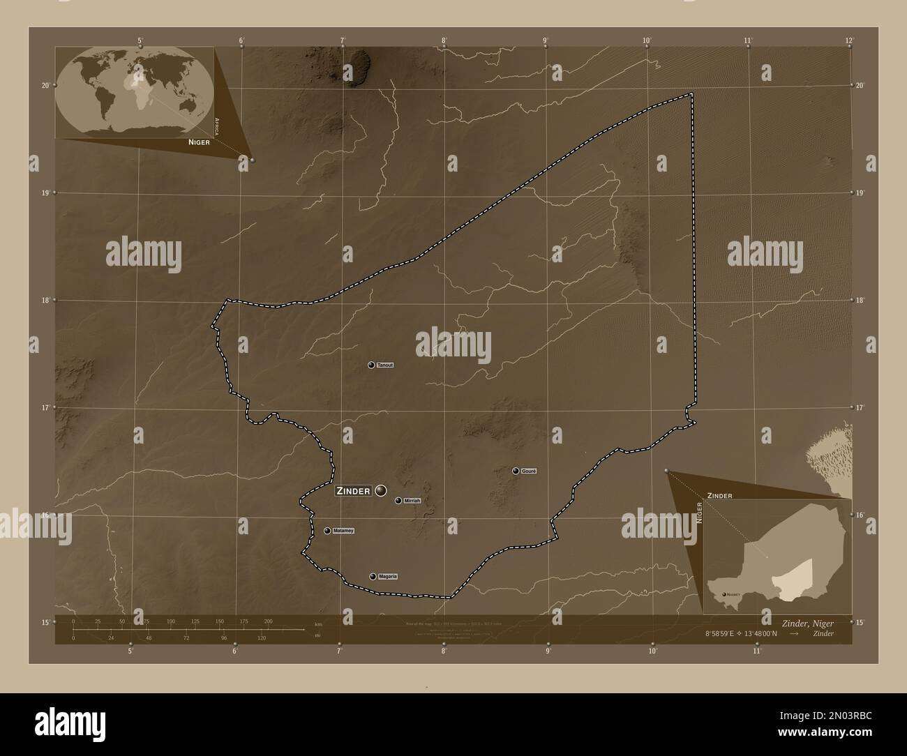 Zinder, department of Niger. Elevation map colored in sepia tones with ...
