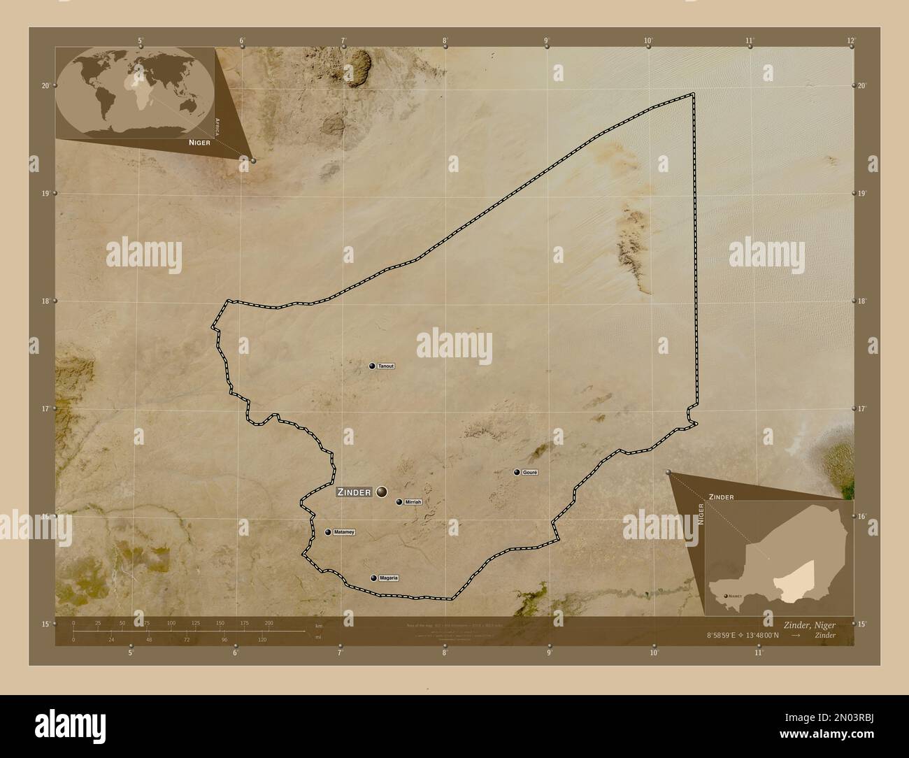 Zinder, department of Niger. Low resolution satellite map. Locations ...