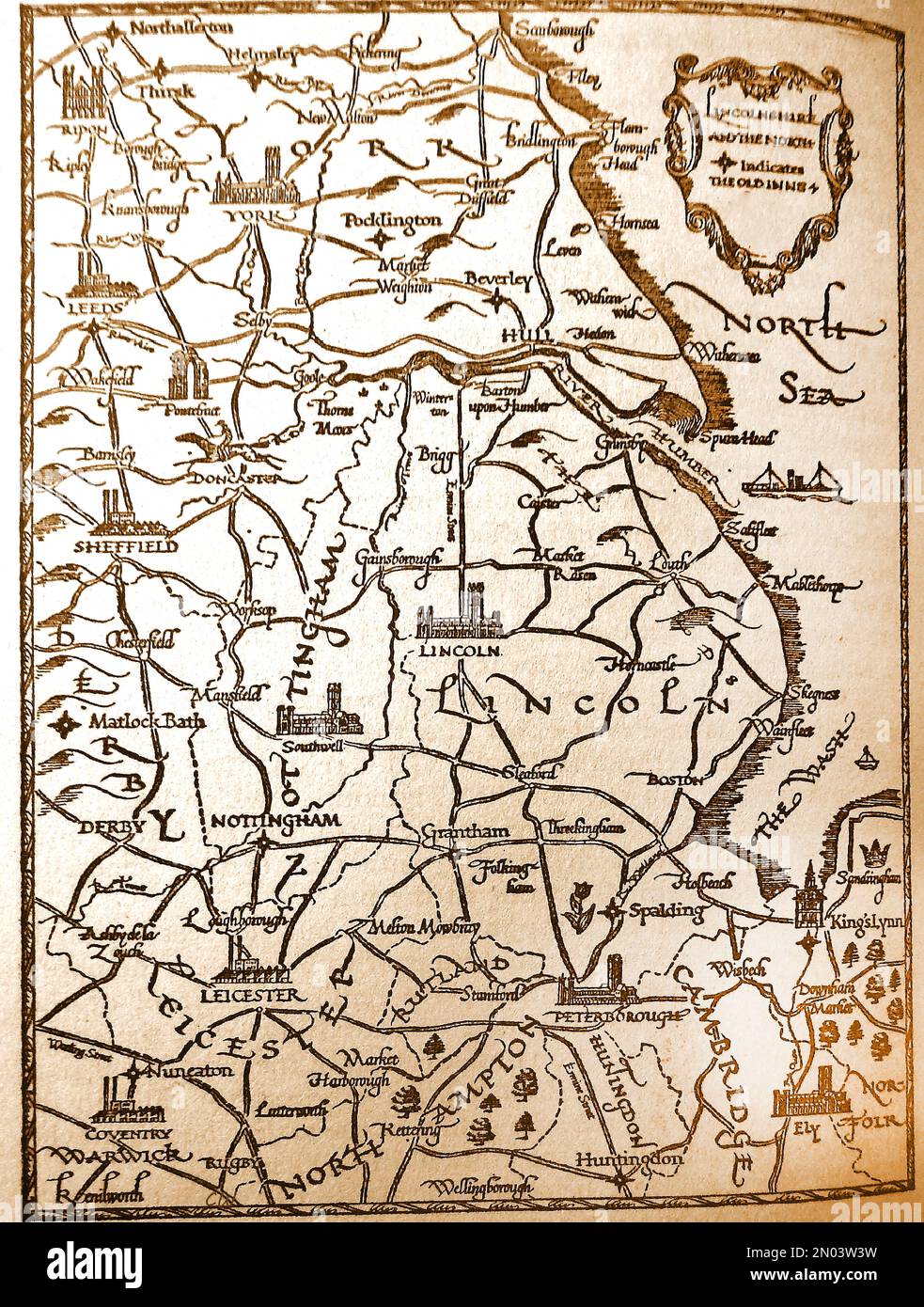 A 1946 map of Lincolnshire and part of Nottinghamshire showing inns and ...