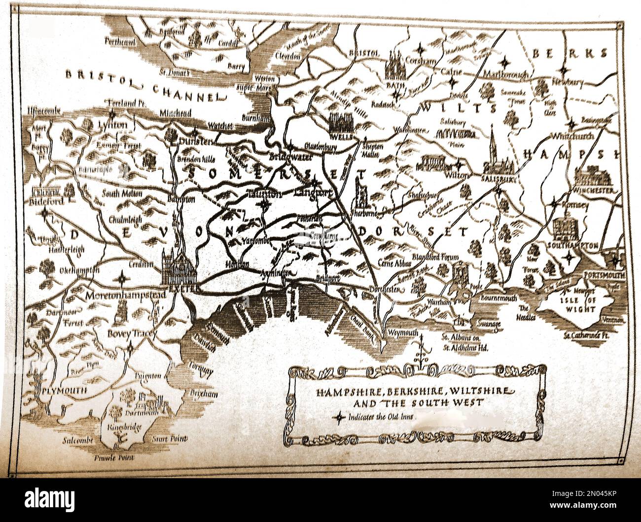A 1946 map of parts of the South West of England showing inns and ...